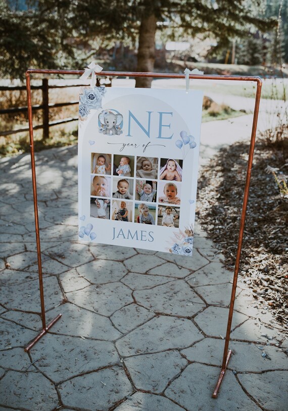 1st elephant birthday photo collage sign, blue elephant birthday boy ...