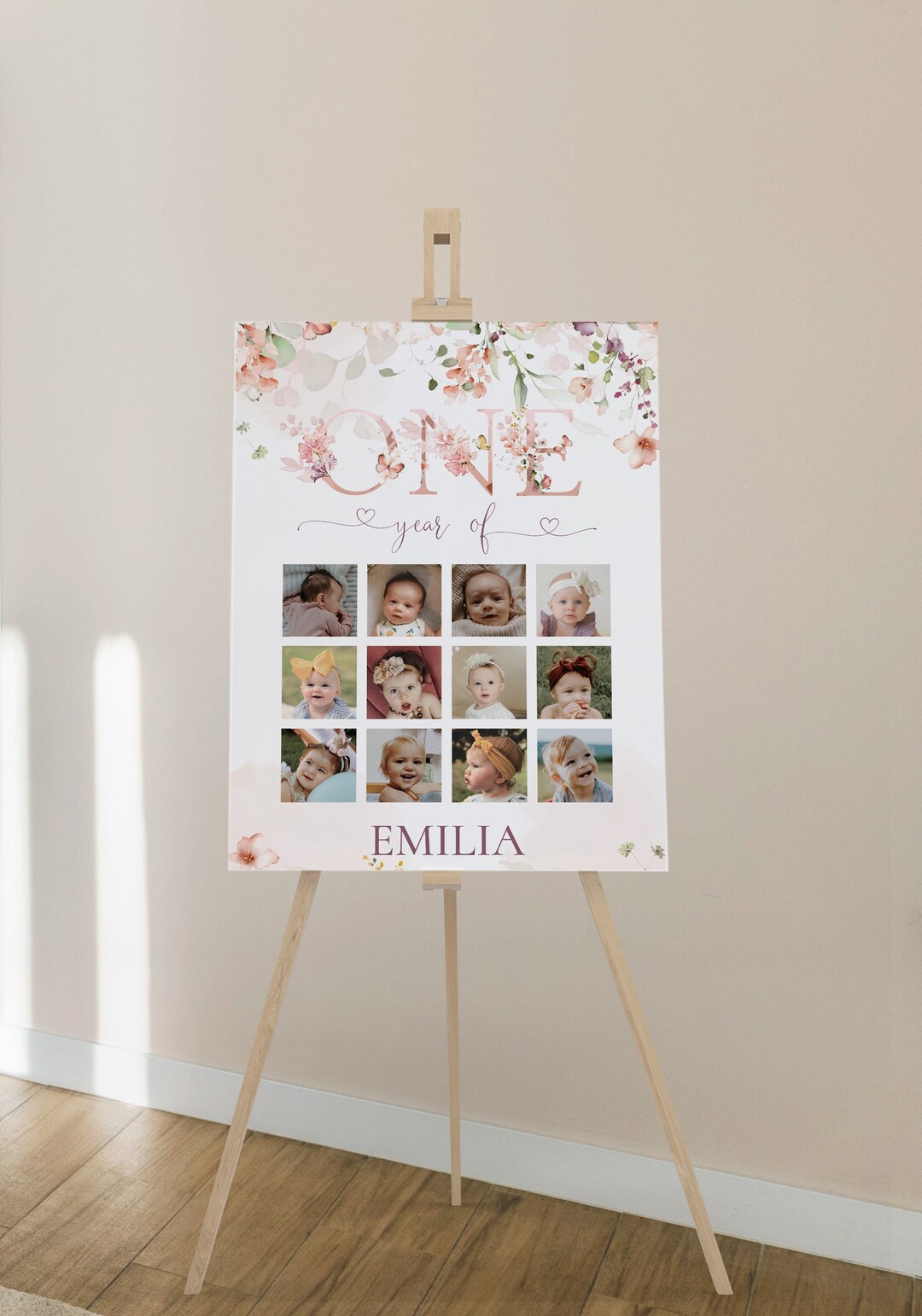 First Year Photo Board Template, 1st Birthday Photo Collage Sign 12 ...