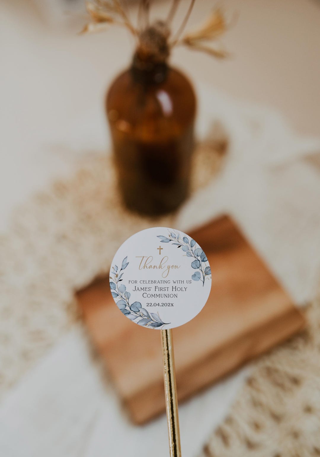 Blue Eucalyptus First Holy Communion Stickers Printable, Gold Cross Boy ...