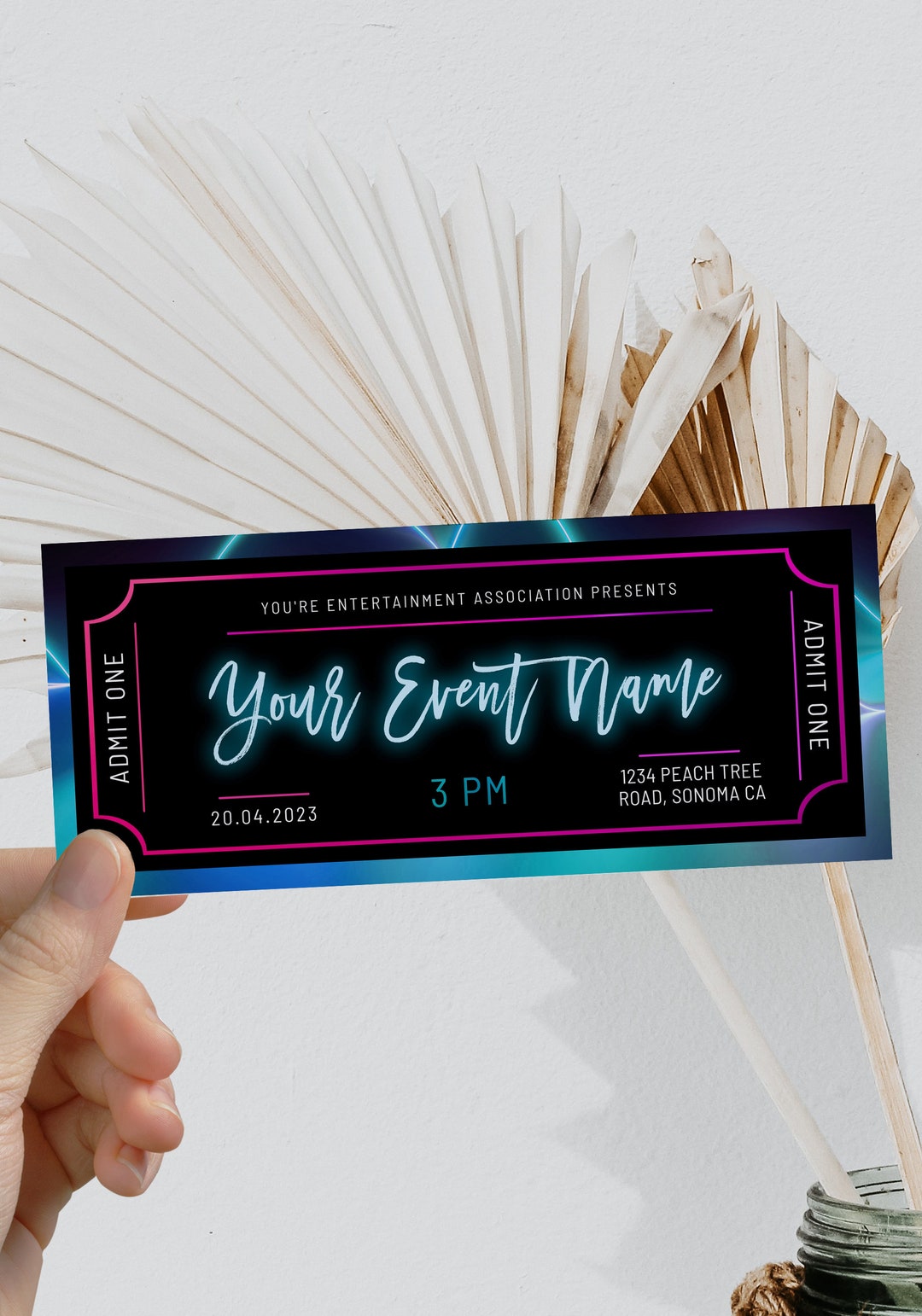 Neon Light Event Ticket Template, Neon Glow Party Ticket, Editable ...