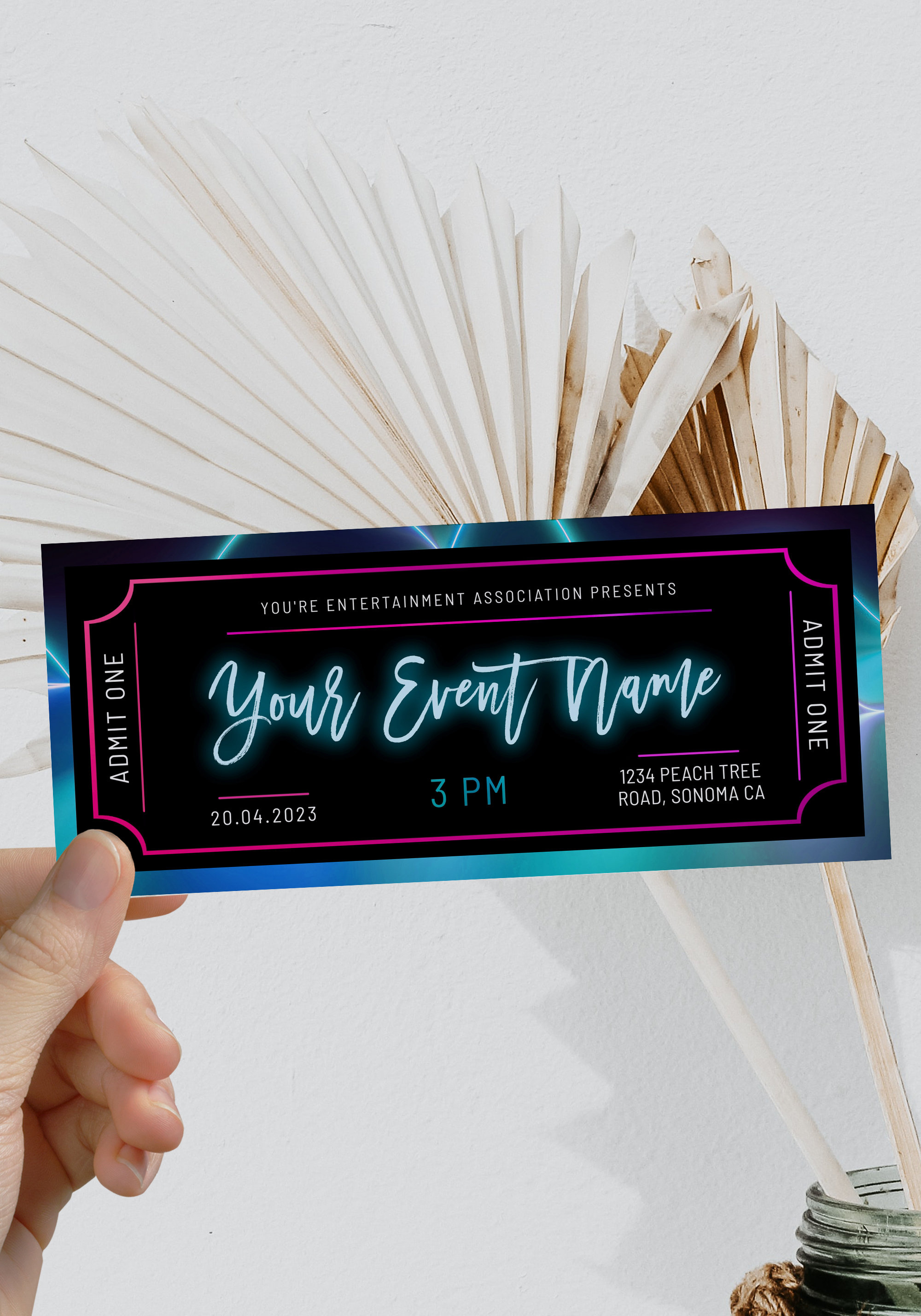 Neon Light Event Ticket Template, Neon Glow Party Ticket, Editable ...