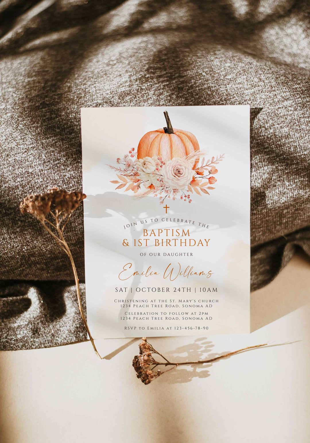 Editable Modern Autumn Baptism and First Birthday Invitation for a Girl ...