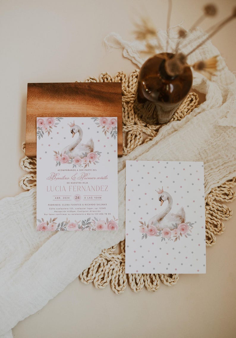 Swan Bautizo & Primer Añito Invitación Printable, Princess Swan Pink ...