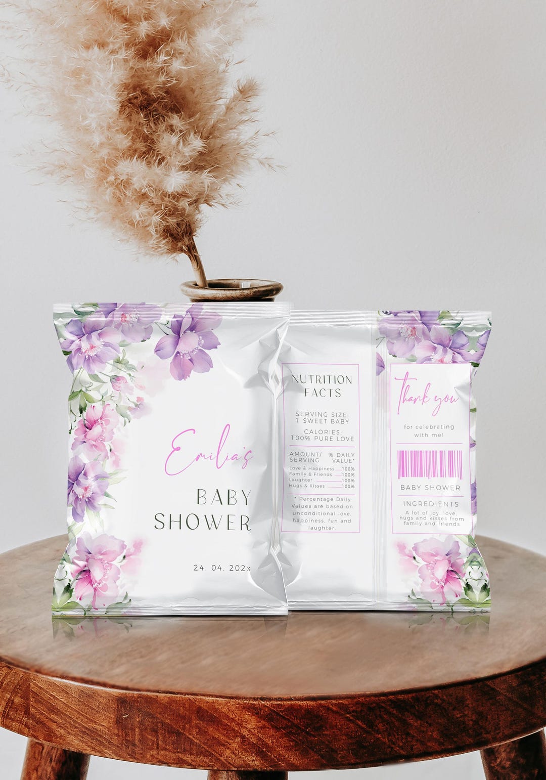Floral Purple Baby Shower Chip Bag Label Printable, Pink Floral Baby ...