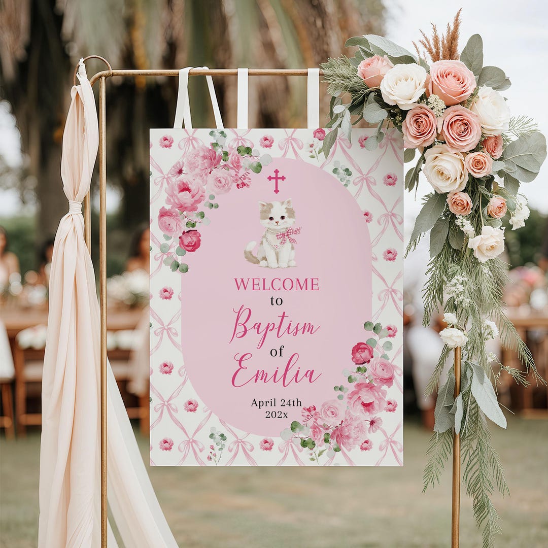 Girl Floral Cat Baptism Welcome Sign Template Kitten Pink Christening ...