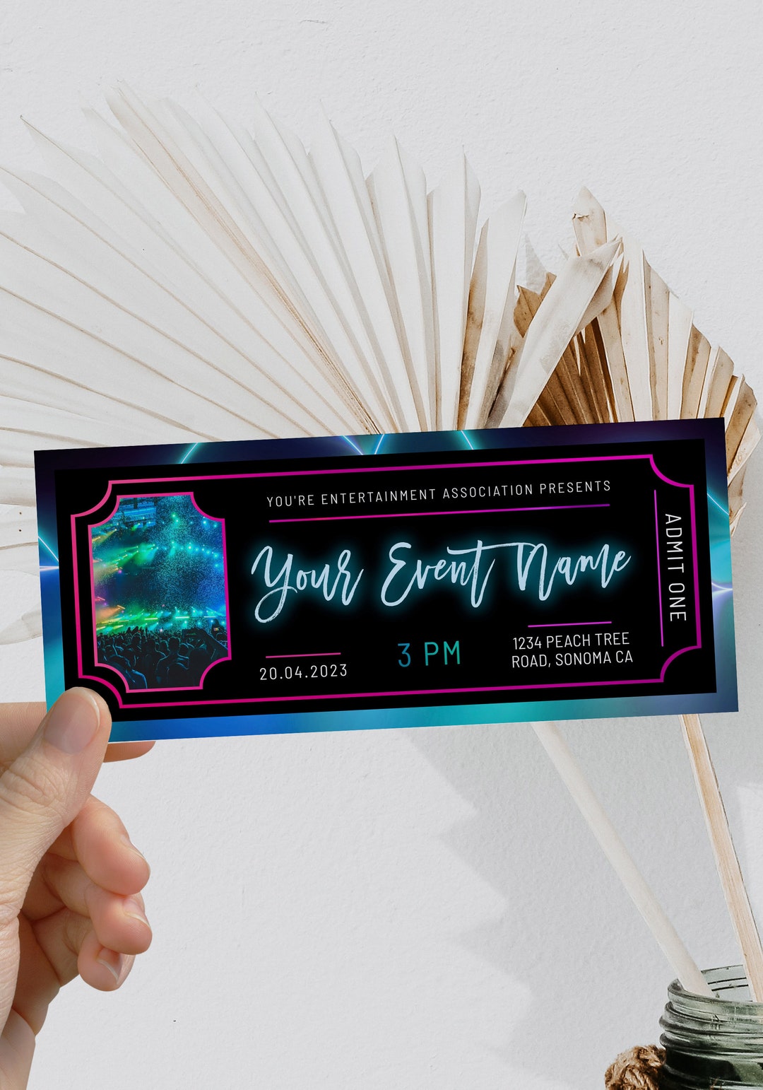 Neon Light Event Ticket Template, Neon Glow Party Ticket, Editable ...