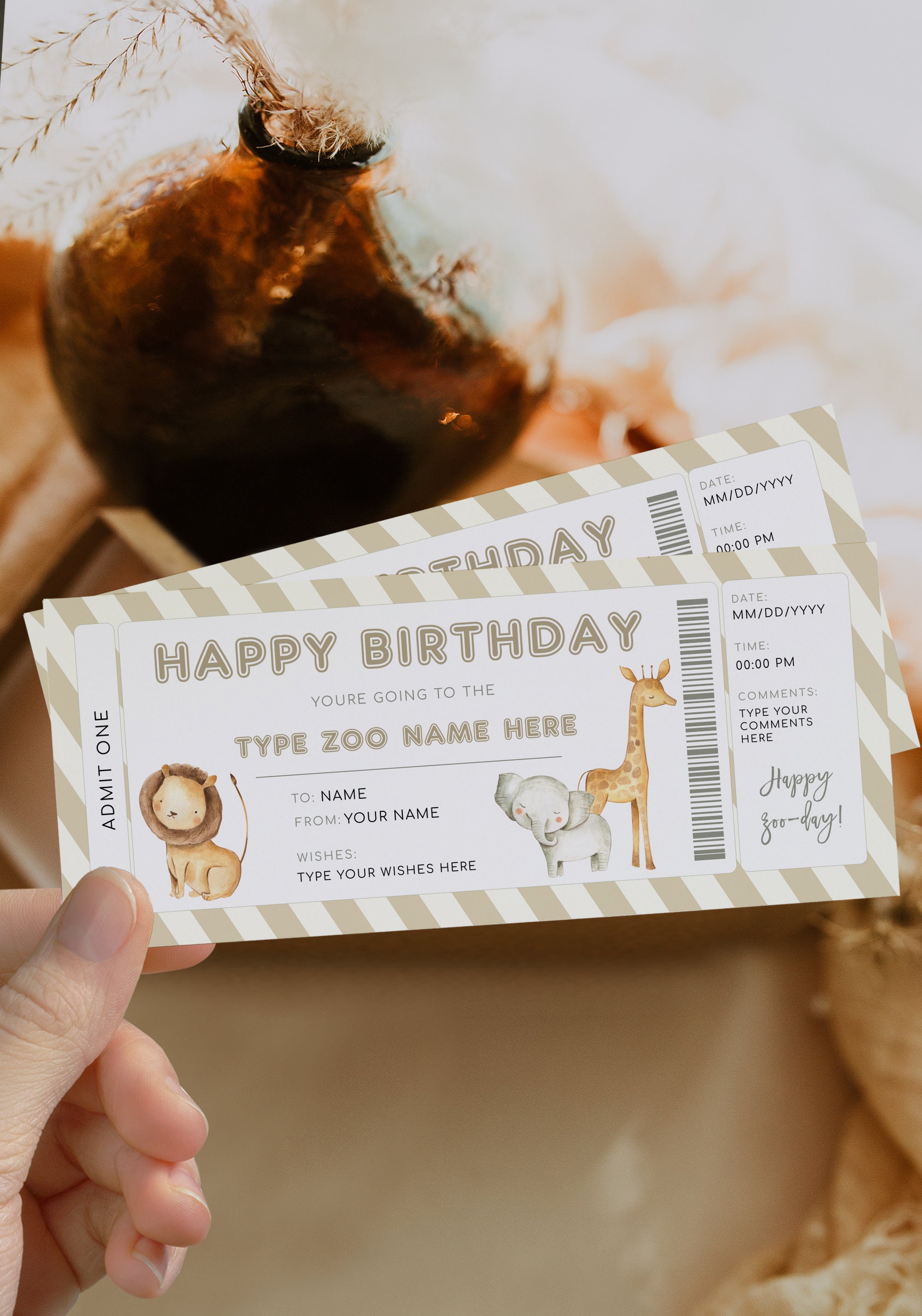 Zoo Printable Ticket, Happy Birthday Zoo Gift Voucher Template DIY ...