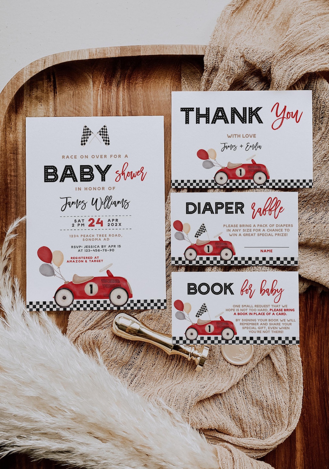 Retro Racing Car Baby Shower Invite Set Template, Red Car Baby Shower ...