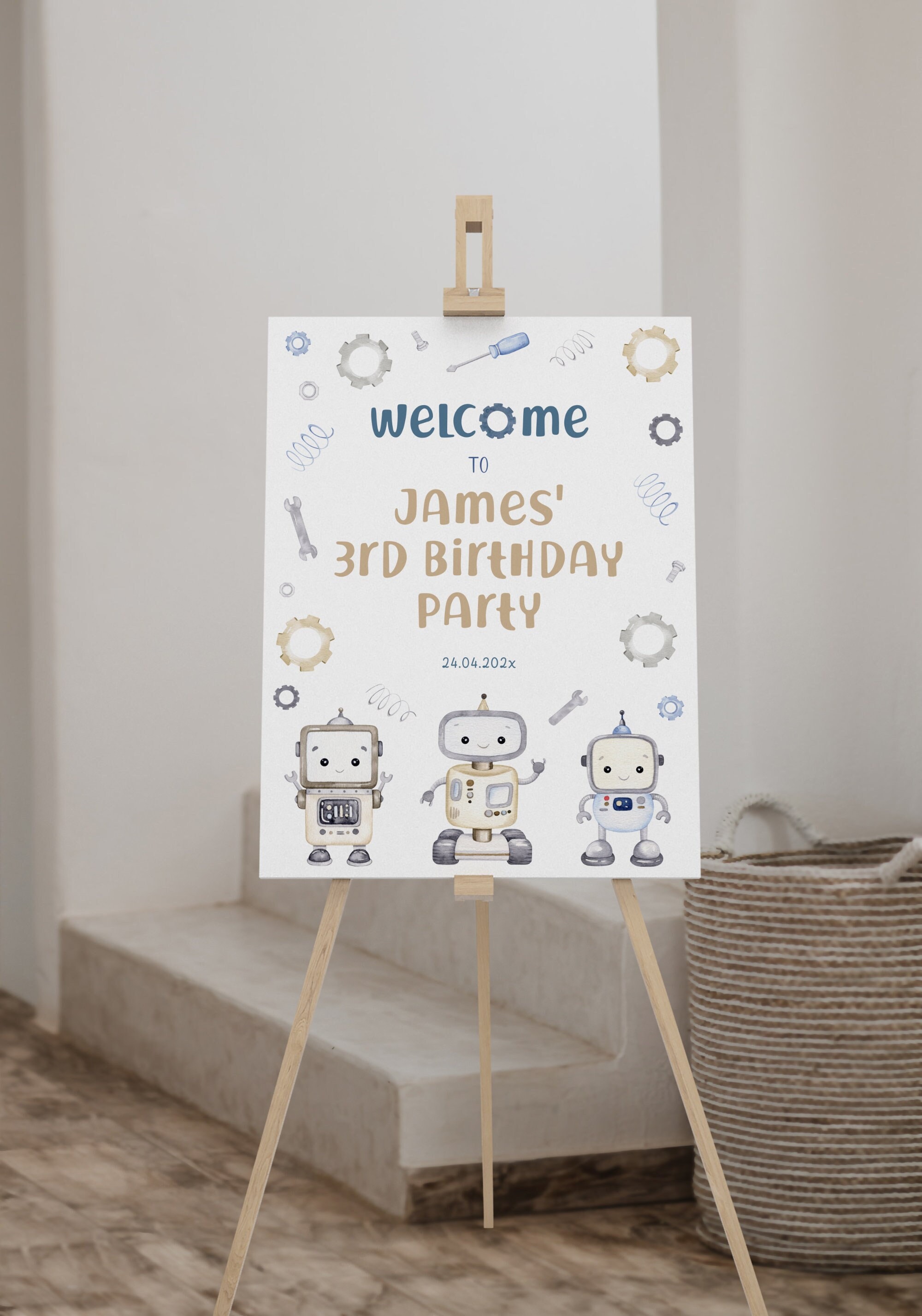 Robot Birthday Welcome Sign Printable, Robot Welcome 3rd Birthday Party ...