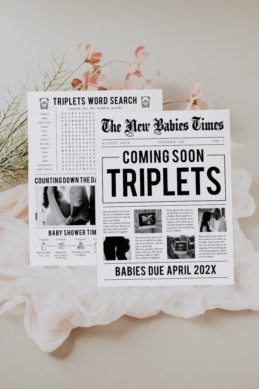 Announcement Birth of Triplets in Black & White Newspaper, Triplets ...