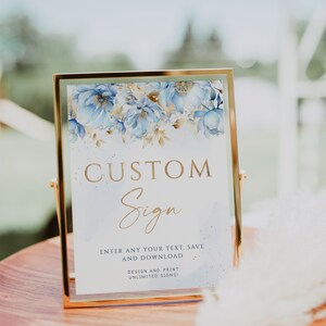 Blue & Gold Custom Sign Printable, Floral Custom Text Sign, Blue Gold ...