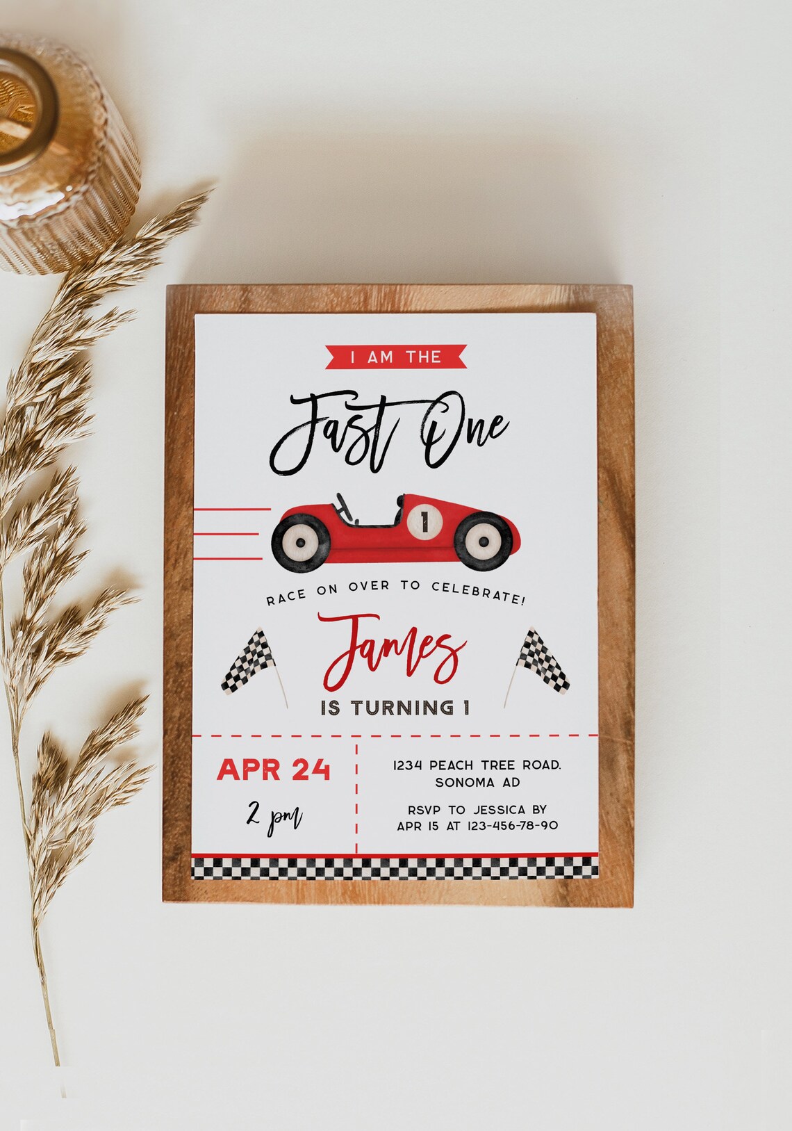 Fast One Red Racing Car Birthday Invitation Editable, Modern Race Car ...