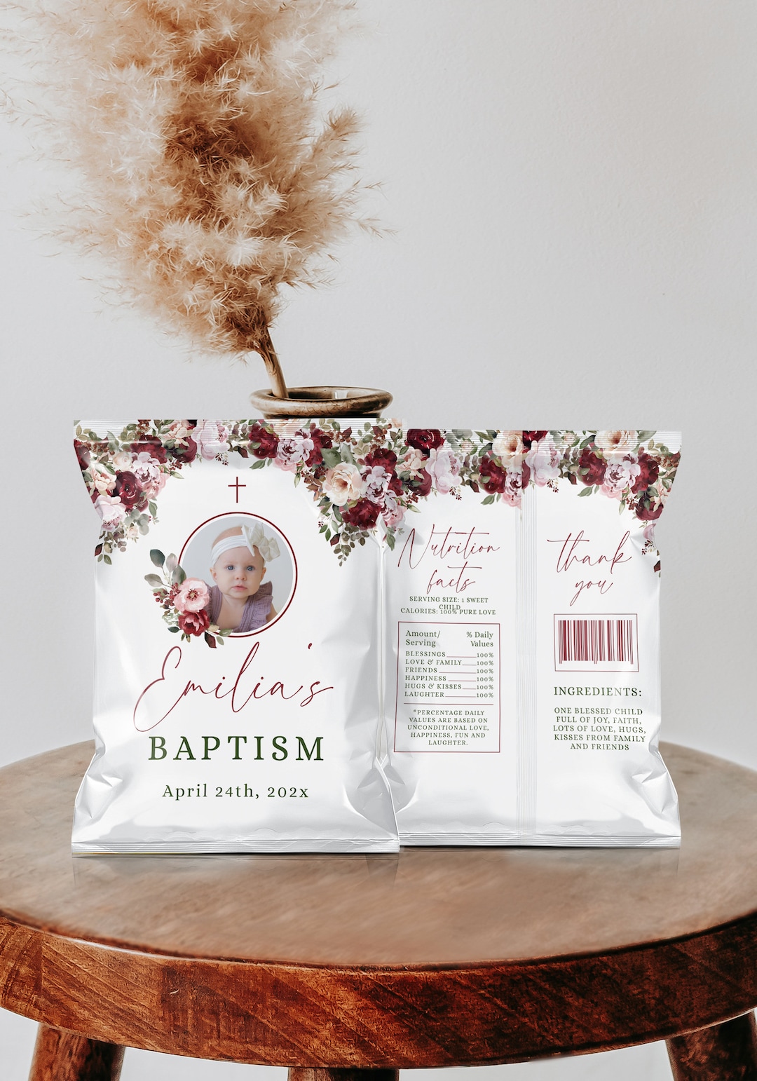 Burgundy Floral Baptism Chip Bag Wrapper Printable, Baptism Chip Bag ...