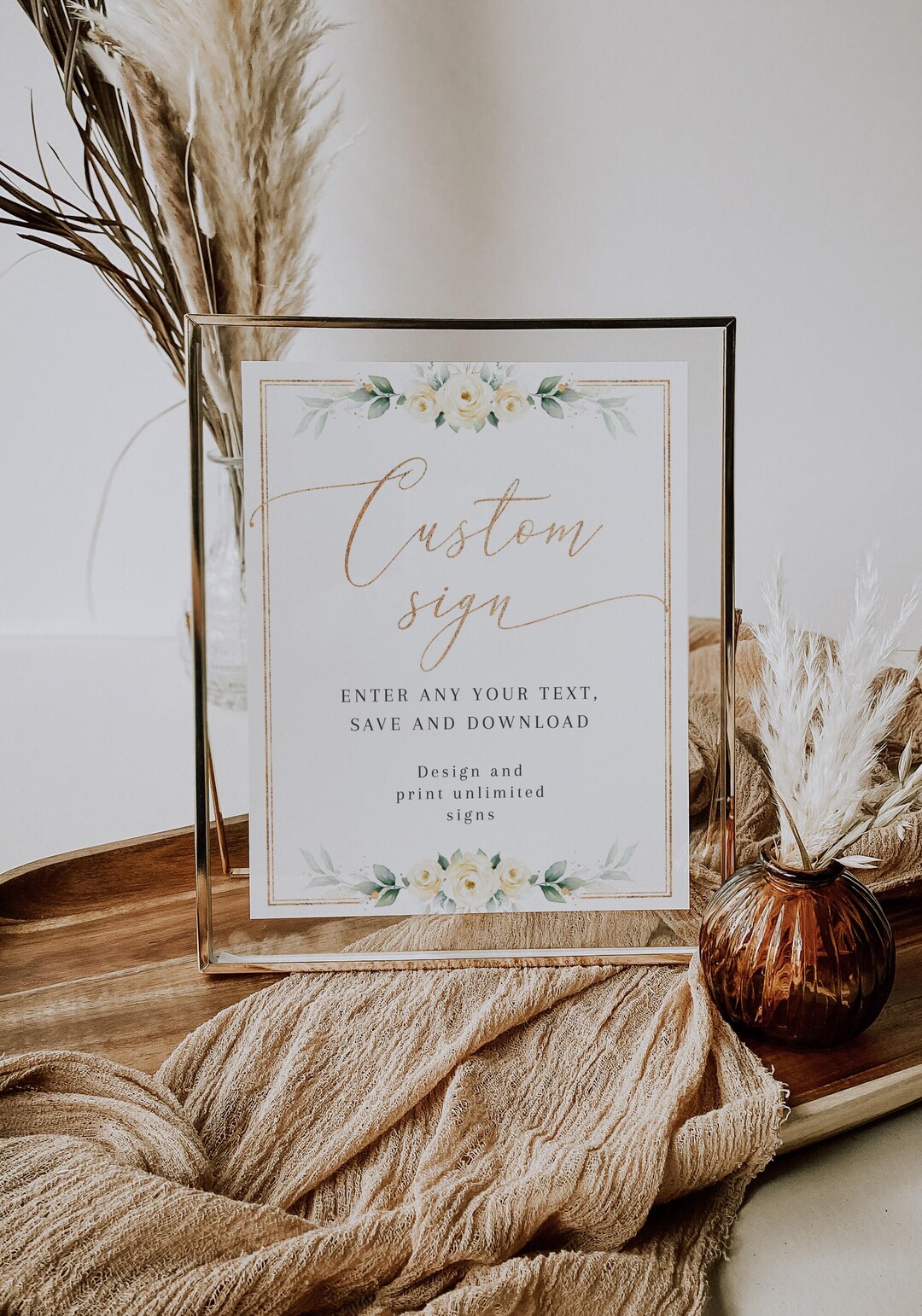 White Floral Baby Shower Custom Table Sign Printable, Green Leaves Girl ...