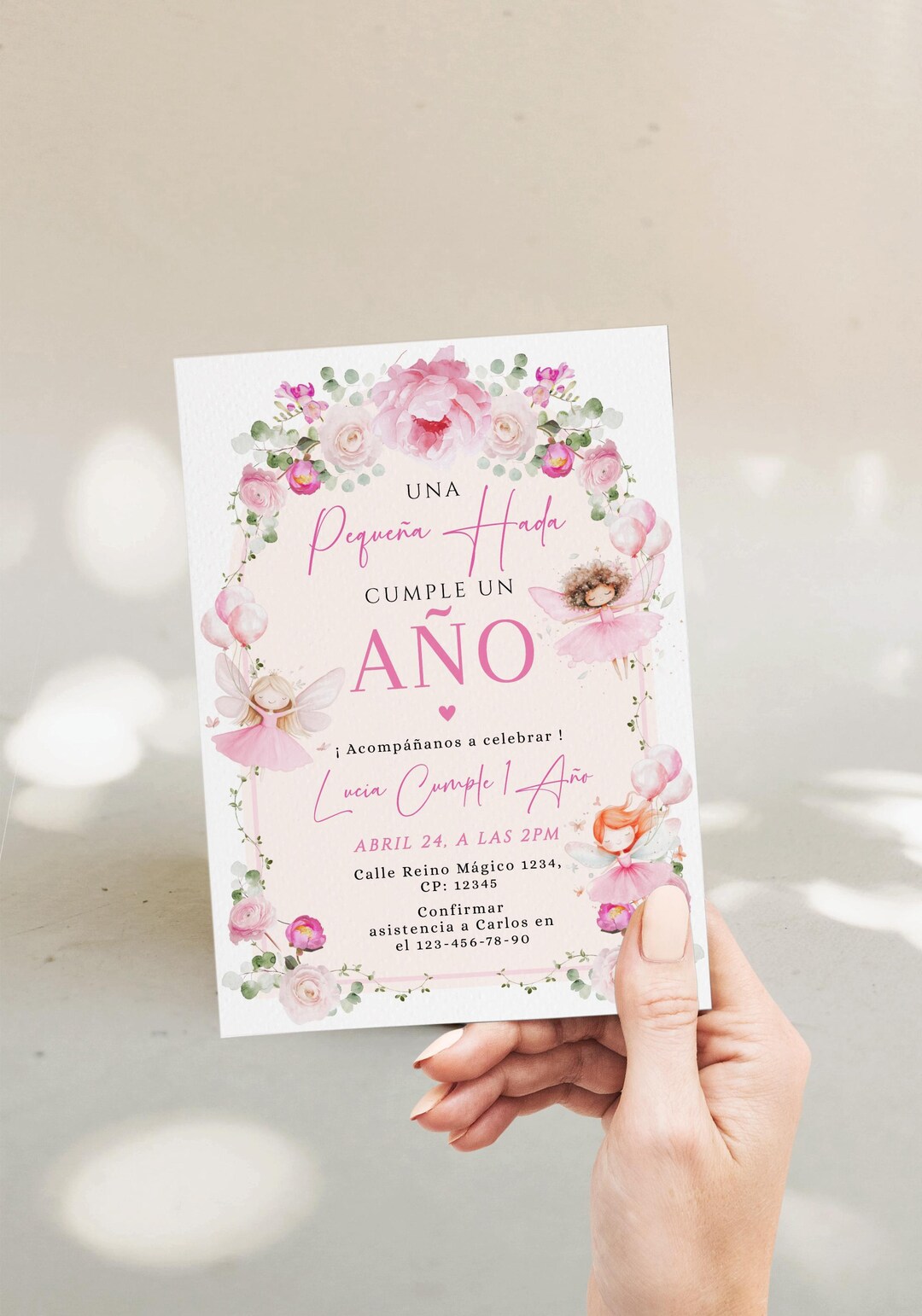 Una Pequeña Hada Invitación, Arch Pink Floral Spanish Birthday Invite ...