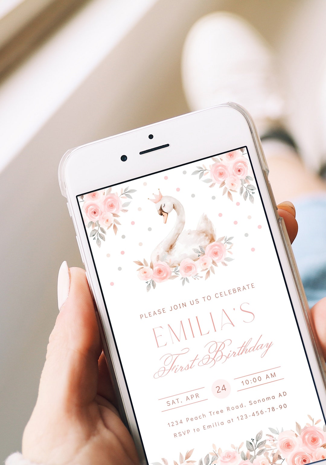 Princess Swan Girls Birthday Party Electronic Text Invitation Template, Swan Pink Floral Boho ...