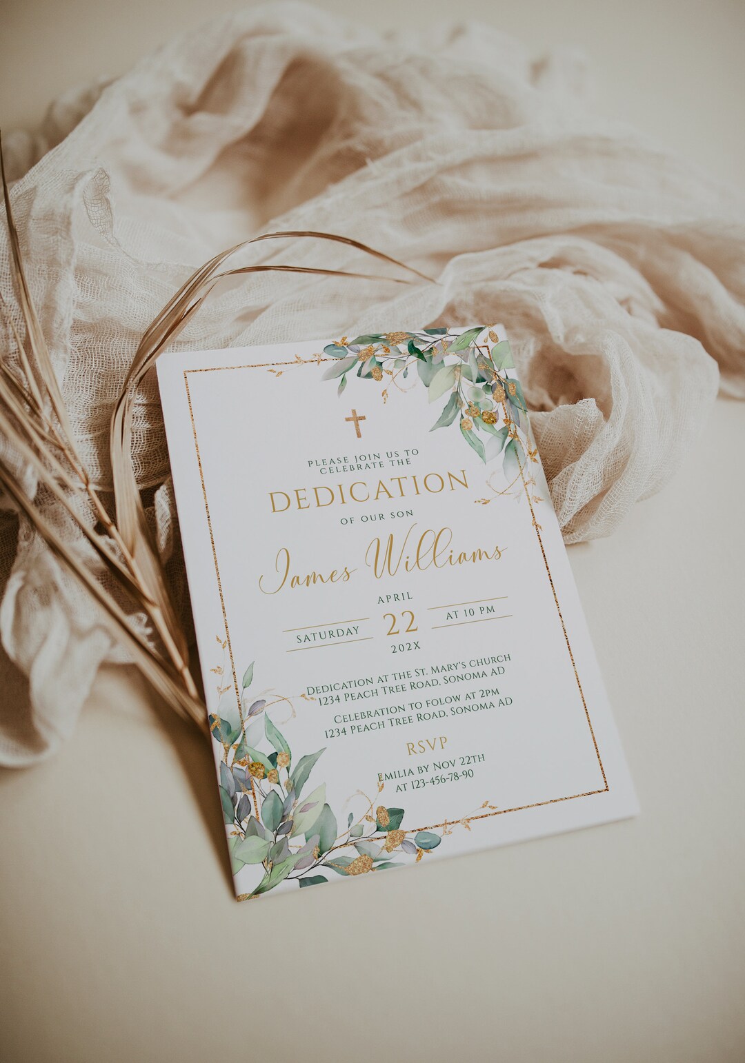 Dedication Invitation Template, Gender Neutral Greenery and Gold ...