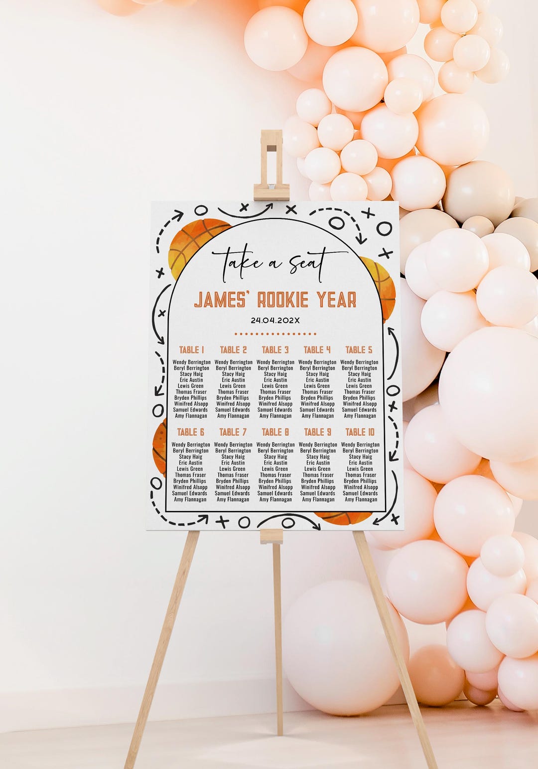 Basketball 1st Birthday Party Seating Chart Printable, Orange Ball ...