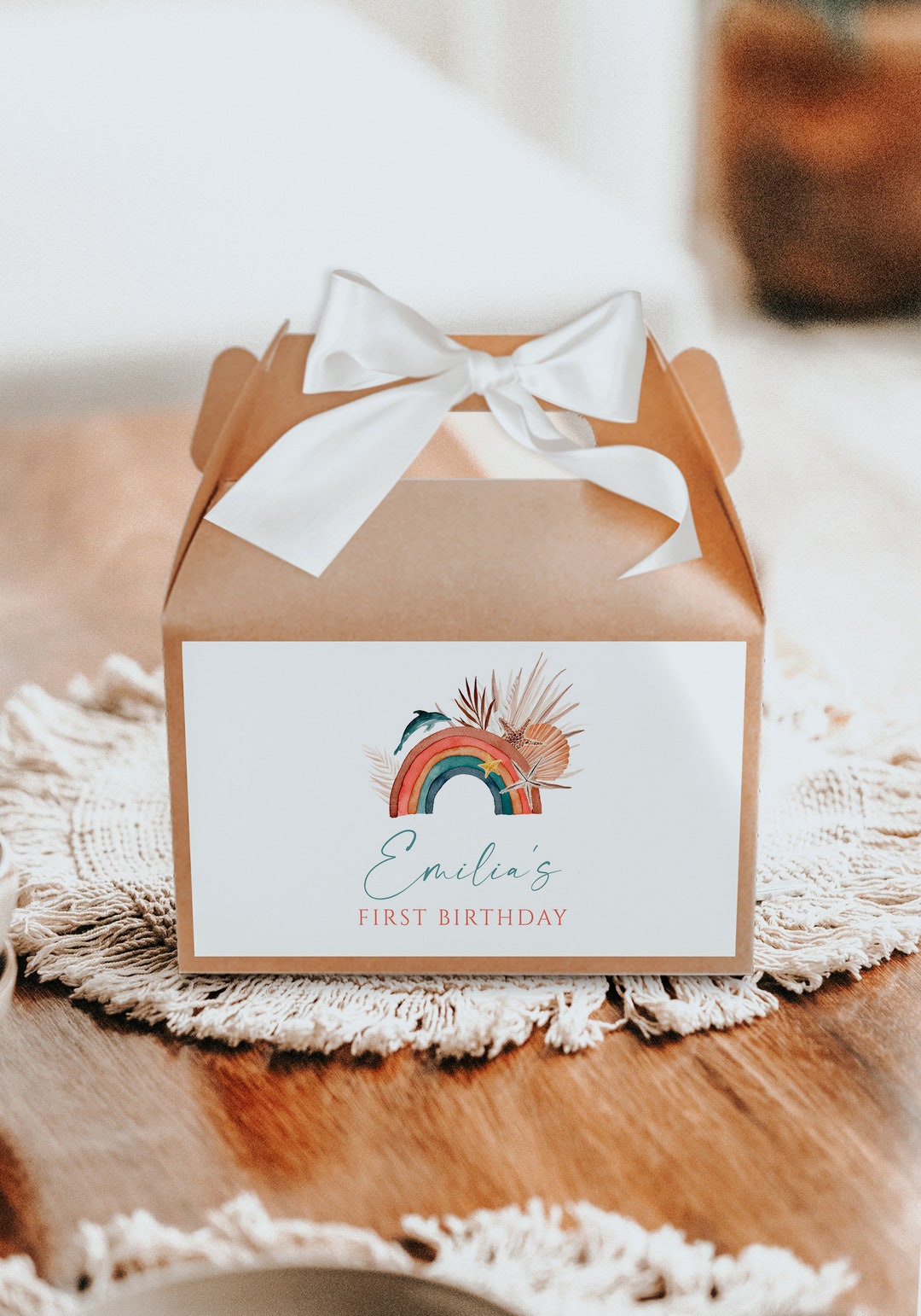 First Birthday Gable Box Label for Girl, Modern Boho Rainbow Birthday ...