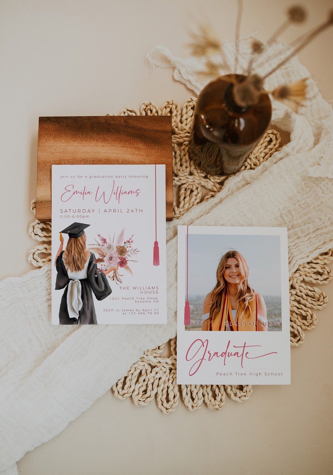 Editable Flower Graduation Party Invitation Template, Pink Floral ...
