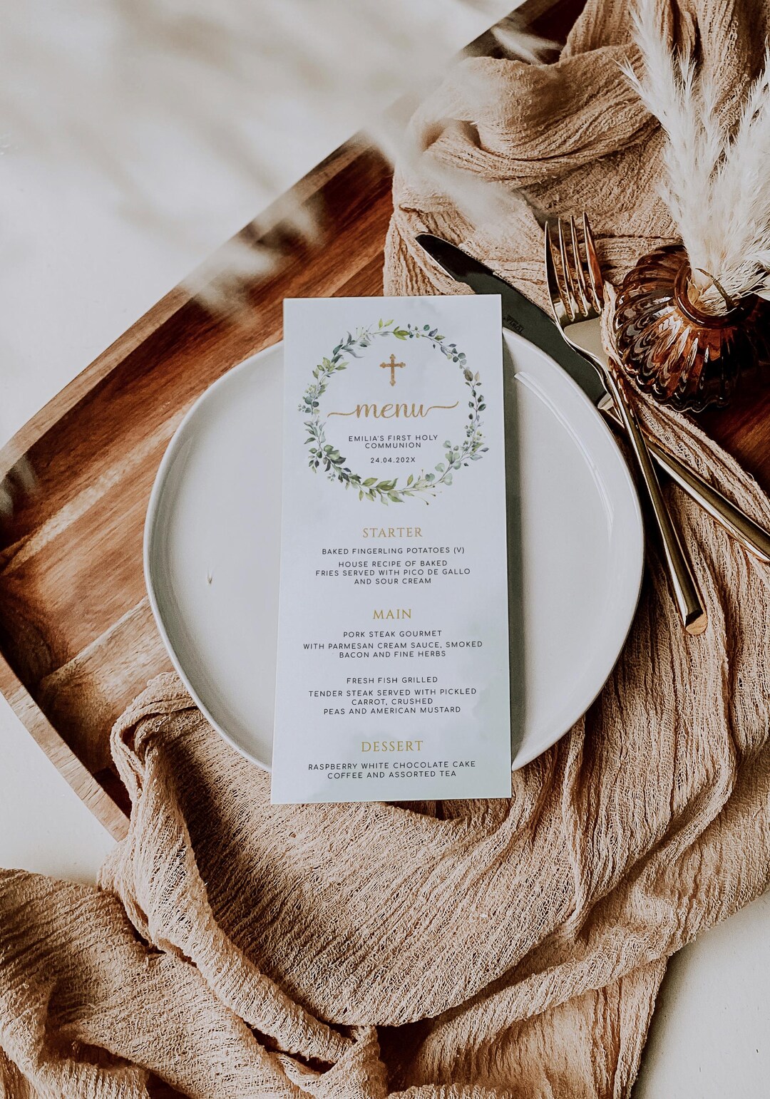 Gold Cross First Holy Communion Menu Printable, Minimalist Green ...