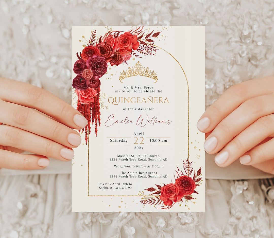 Bohemian Red Quinceañera Invitation Printable, Mis Quince 15 Anos ...