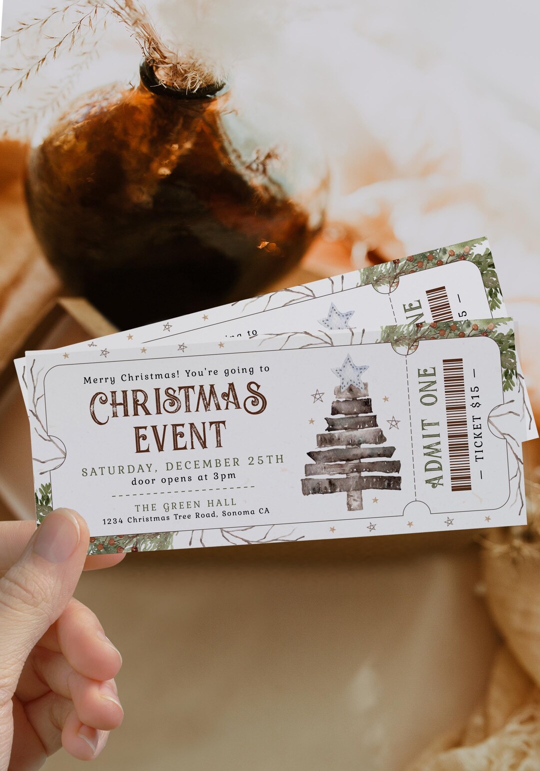 Wooden Christmas Tree Event Invitation Ticket Template, Christmas Event ...