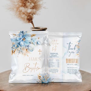 Blue and Gold Floral Boy Christening Chip Bag Label Printable, Boy ...