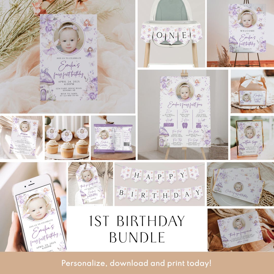 Complete Fairy 1st Birthday Party Invitation Bundle Printable, Lilac ...