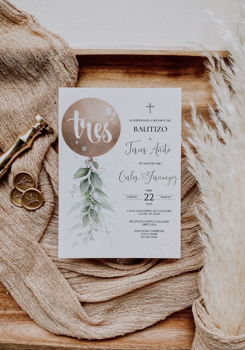 Invitacion Bautizo Tres En Espanol, Bautismo Y El Tercer Año, Printable ...