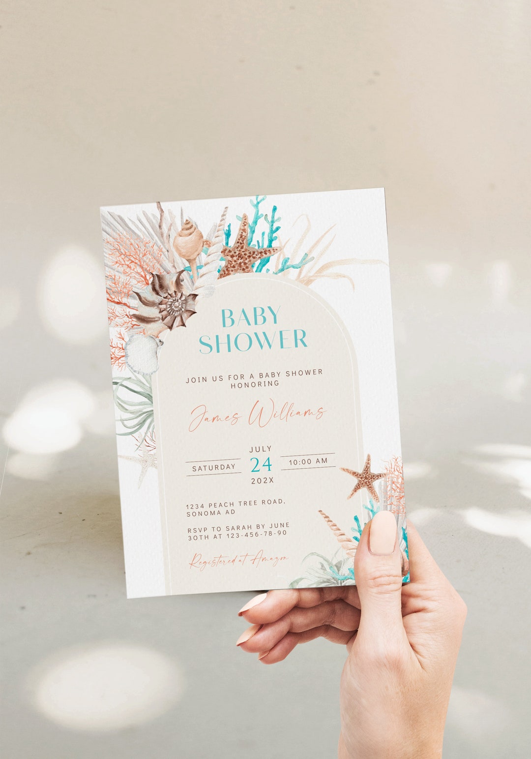 Bohemian Ocean Baby Shower Invitation Printable, Sea Shell Baby Shower ...