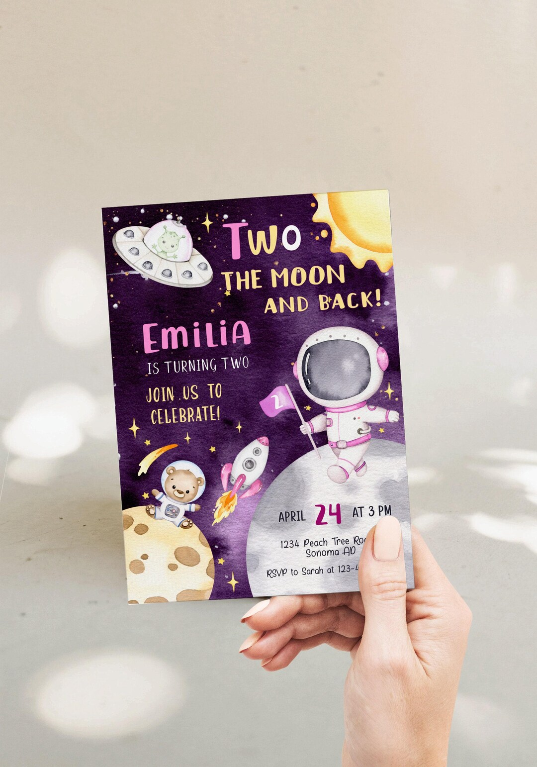 Purple Galaxy Birthday Party Invite Printable, Two the Moon and Back ...