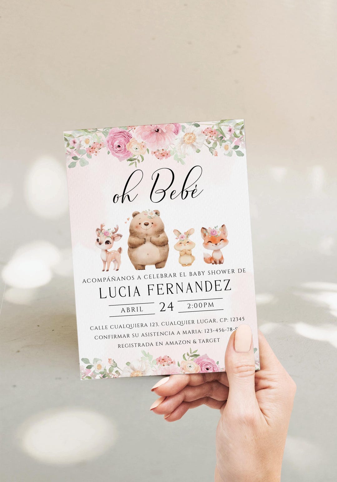 Oh Bebé Spanish Baby Shower Invite Printable, Floral Woodland Spanish ...