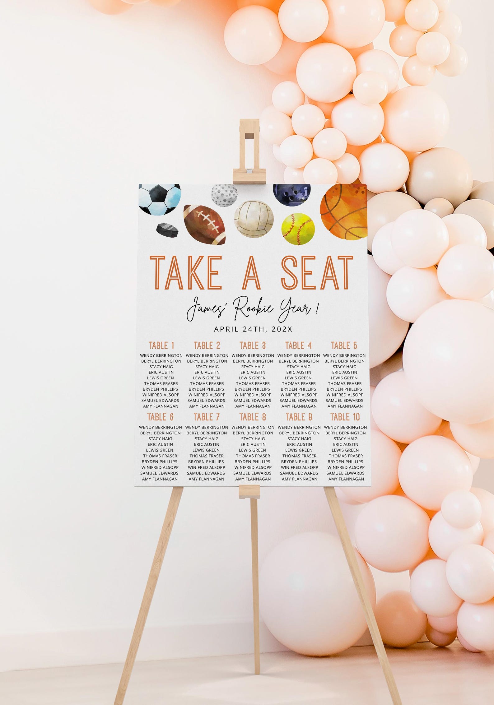 All Sports Balls 1st Birthday Party Seating Chart Printable, Sports ...