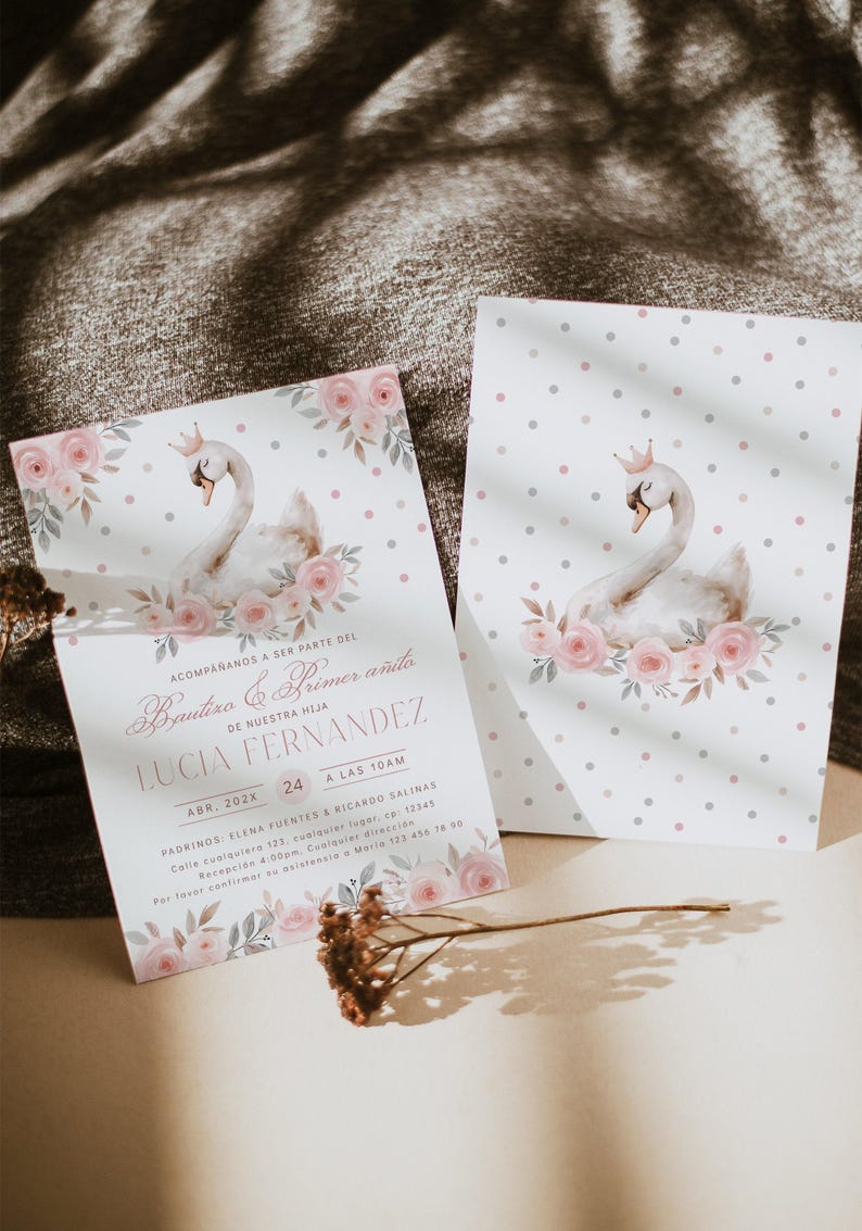 Swan Bautizo & Primer Añito Invitación Printable, Princess Swan Pink ...
