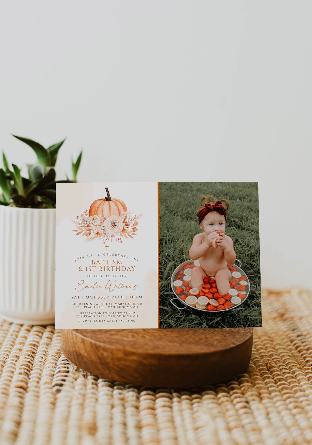 Modern Fall Baptism and First Birthday Invitation Card Printable ...