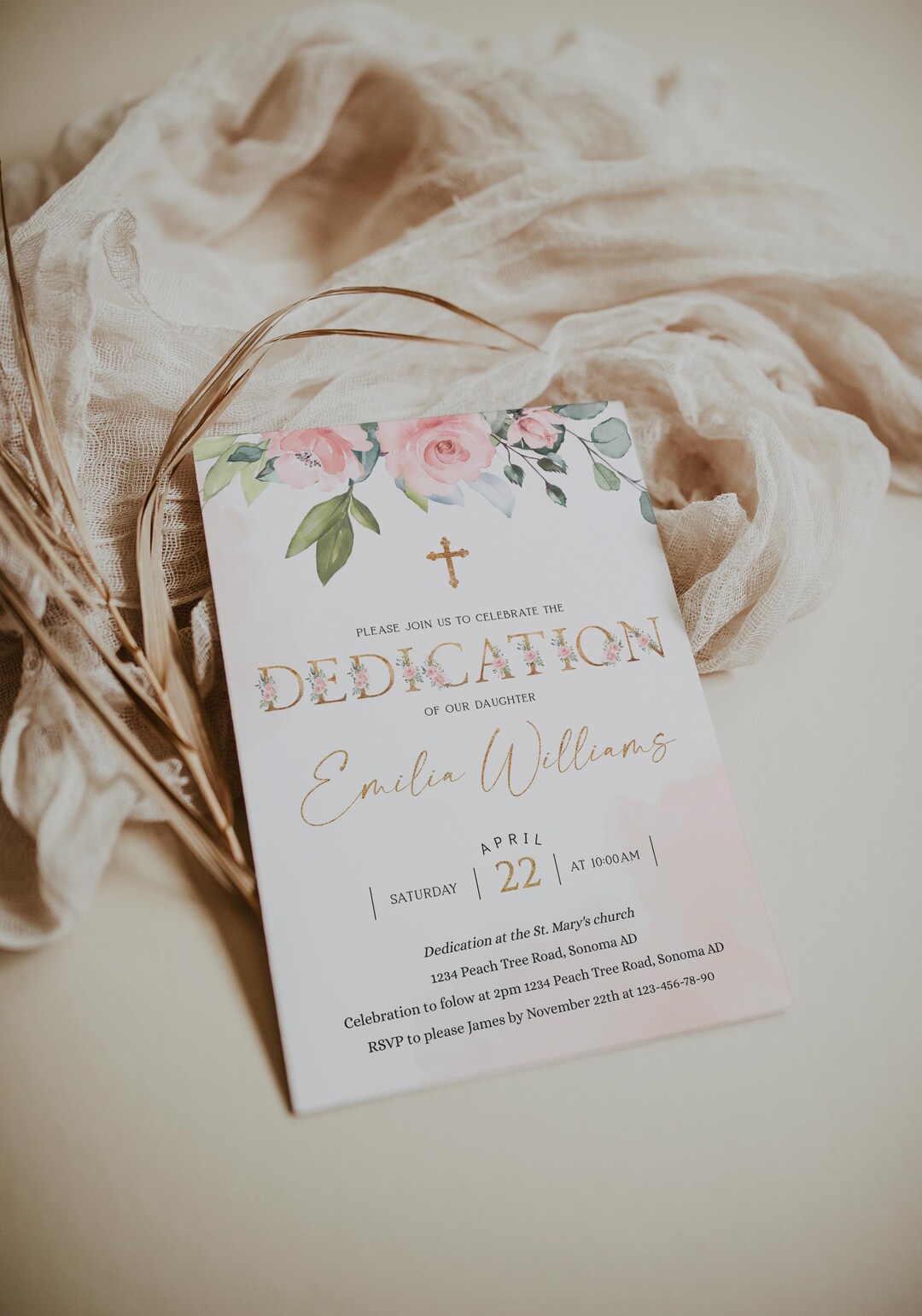 Elegant Blush Pink Roses Dedication Invitation Printable, Modern Floral ...