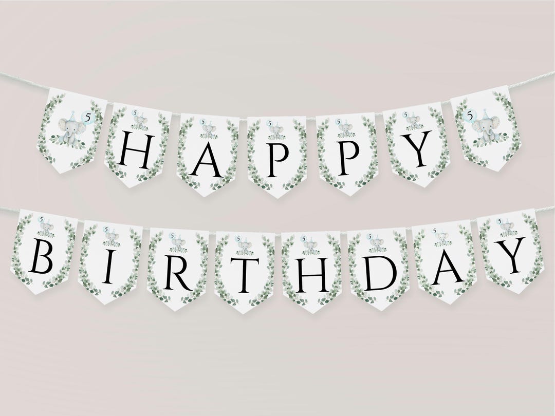 Elephant Happy Birthday Party Banner Printable, Elephant With Blue ...