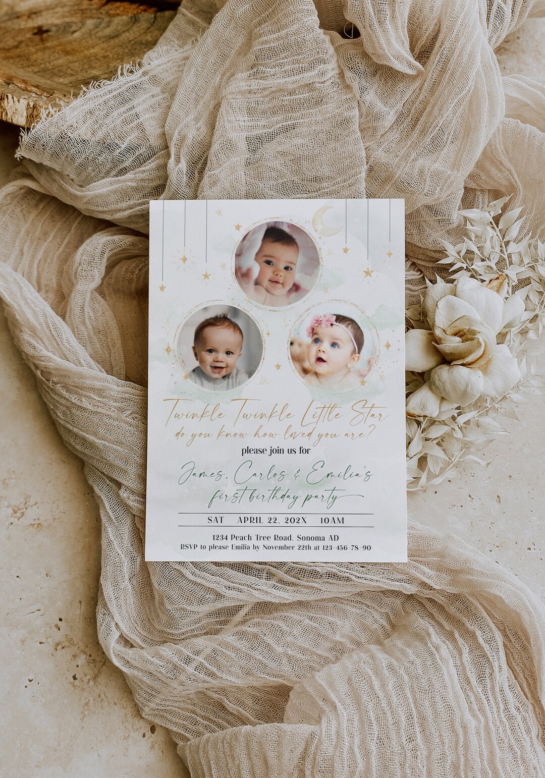 First Birthday Invite Triplets, Gender Neutral 1st Birthday Invitation ...