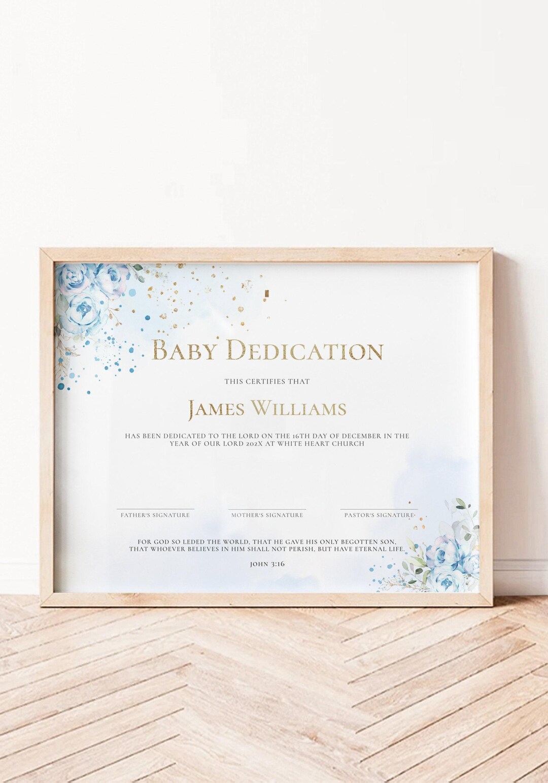 Floral Dedication Certificate Template, Blue and Gold Baptism ...