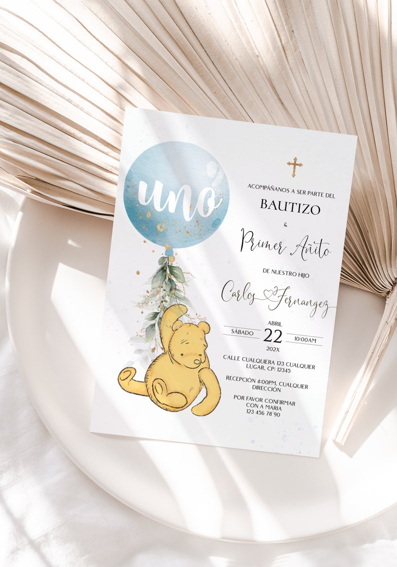 Winnie Pooh Invitacion Bautizo Uno En Espanol, Bautizo Y Primer Añito ...