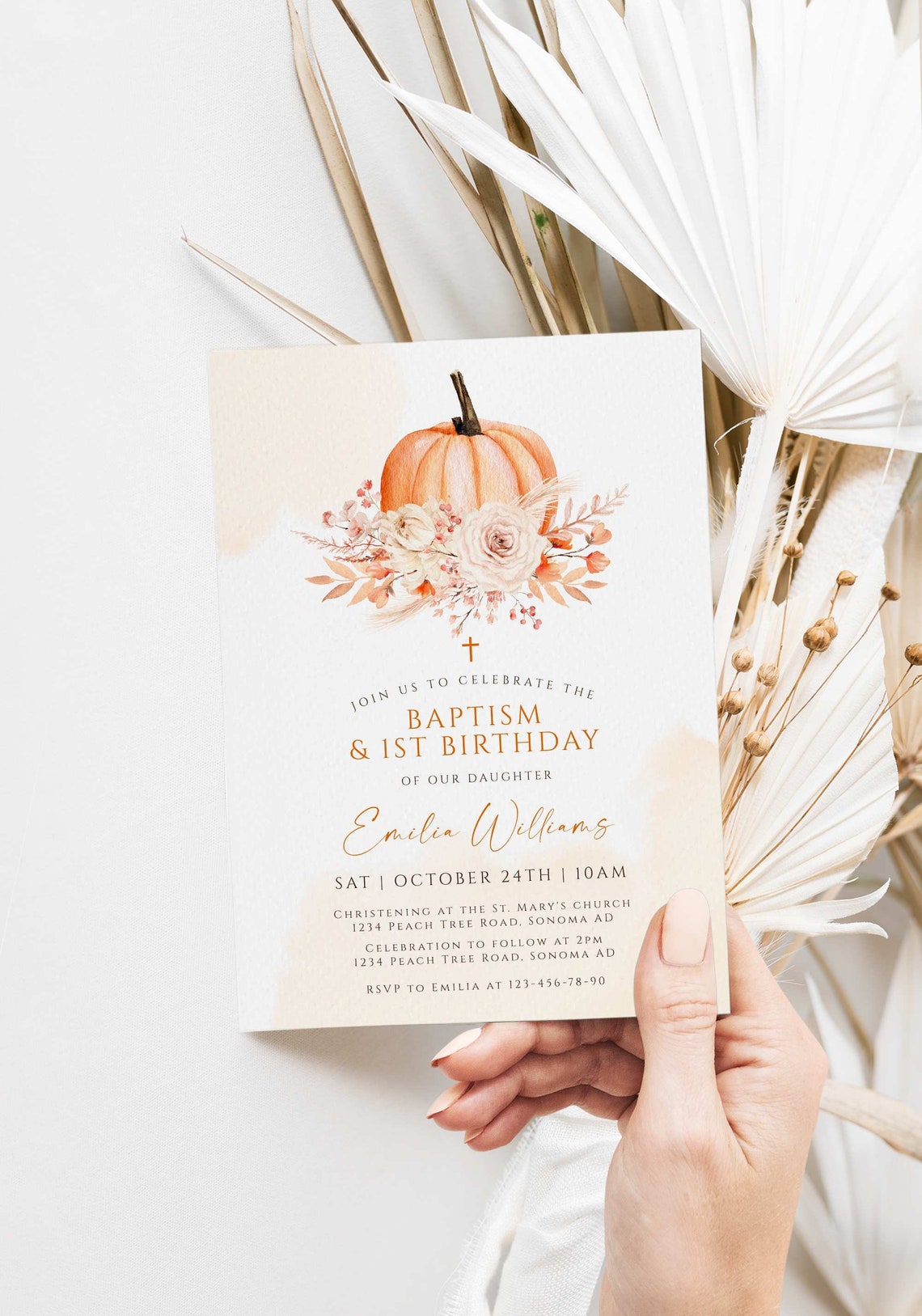 Editable Modern Autumn Baptism and First Birthday Invitation for a Girl ...