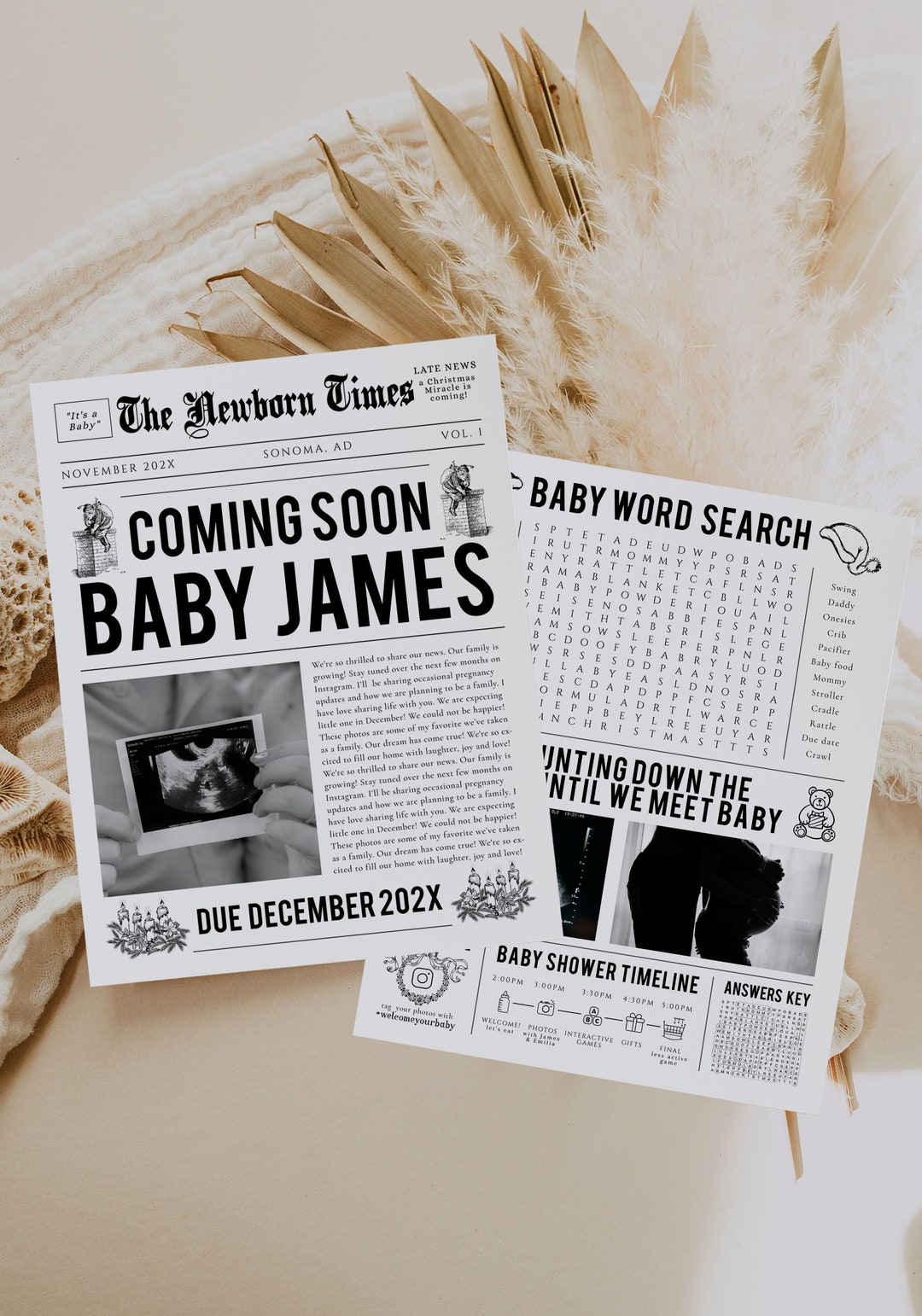 Pregnancy Announcement Newspaper Template, Baby Coming Soon Black and ...