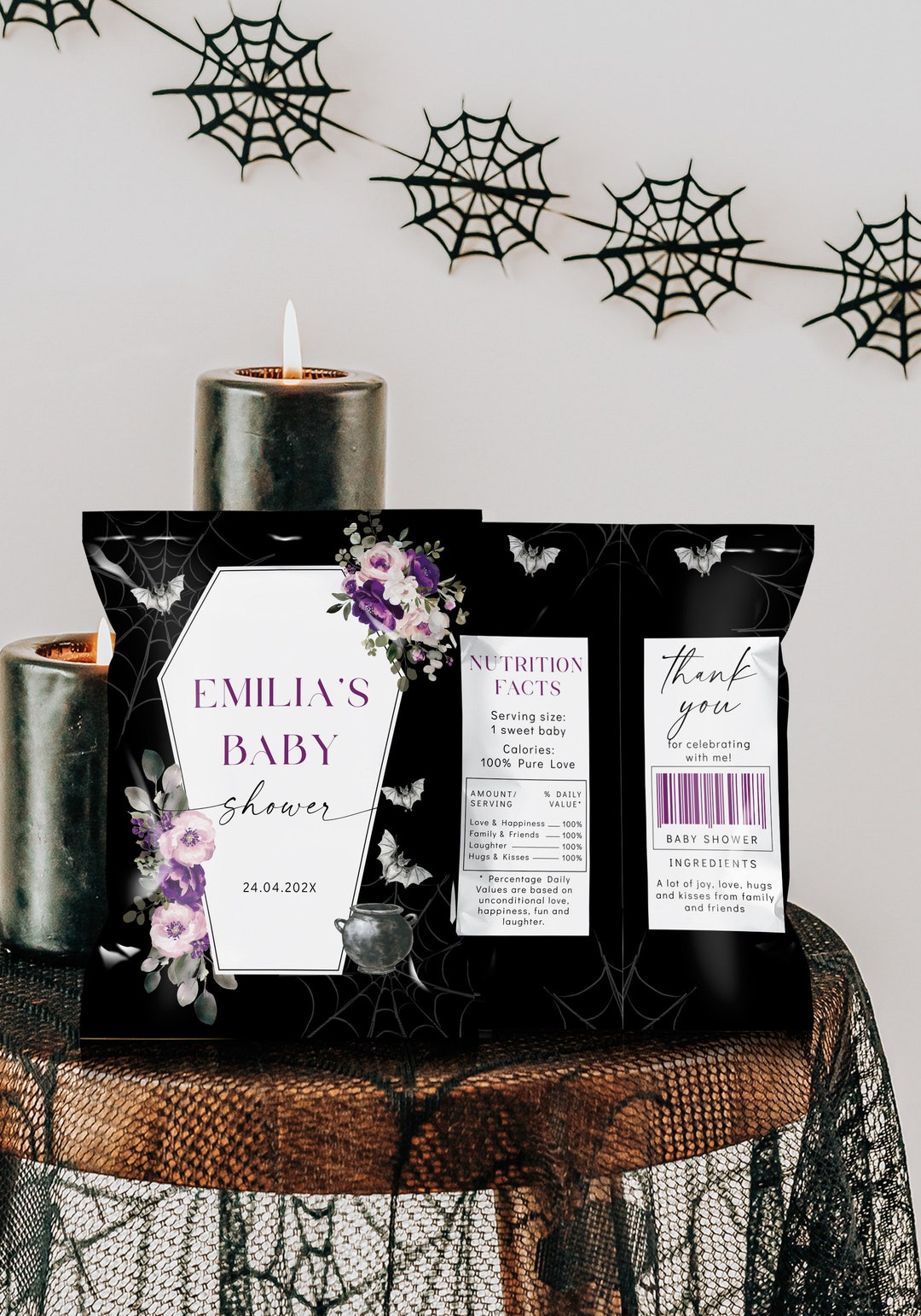 Halloween Baby Shower Chip Bag Template, Black Gothic Spooky Coffin ...
