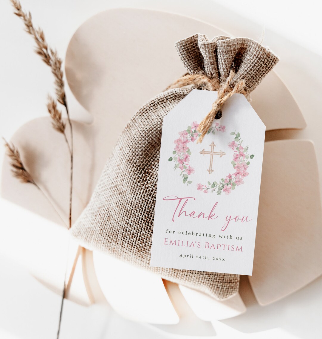 Floral Baptism Favor Tag Girl, Green Liaves Baptism Gift Tags Printable ...