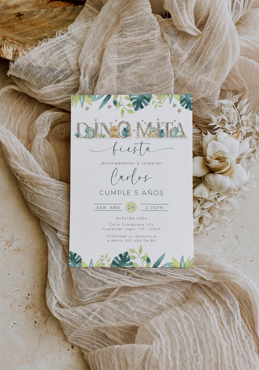 Dino-mita Fiesta 5 Cumple Invitacion Printable, Greenery Dino Invitación De Cumpleaños En ...