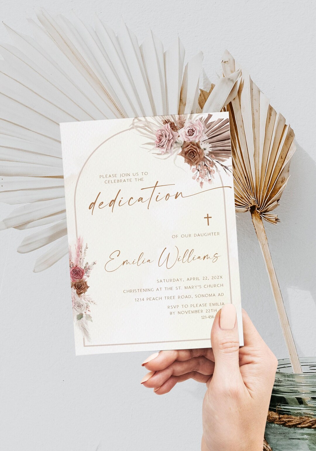 Boho Pink Dedication Invitation Printable, Girl Bohemian Baptism Invite ...