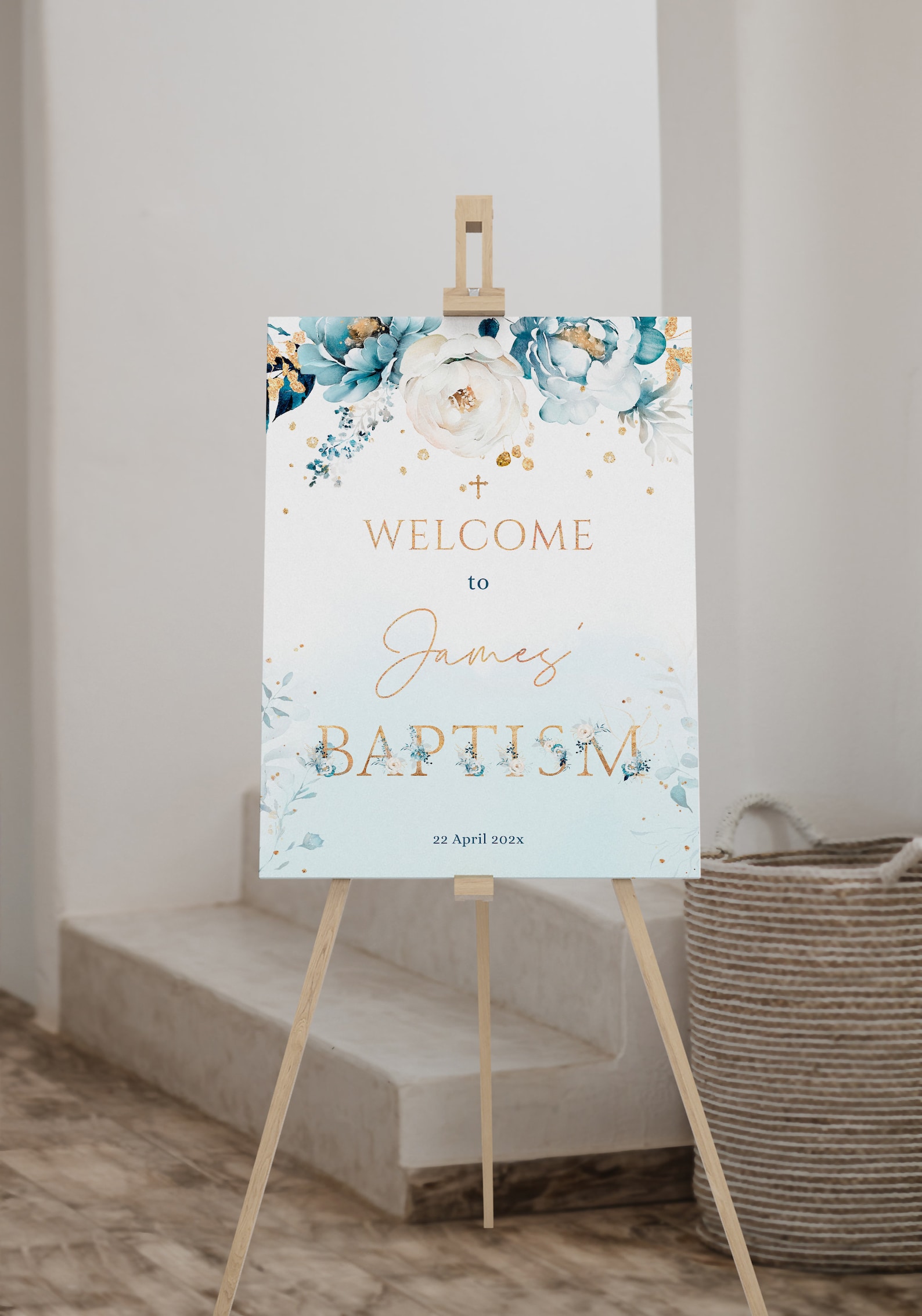 Welcome to Baptism Poster Printable Blue Floral Christening - Etsy