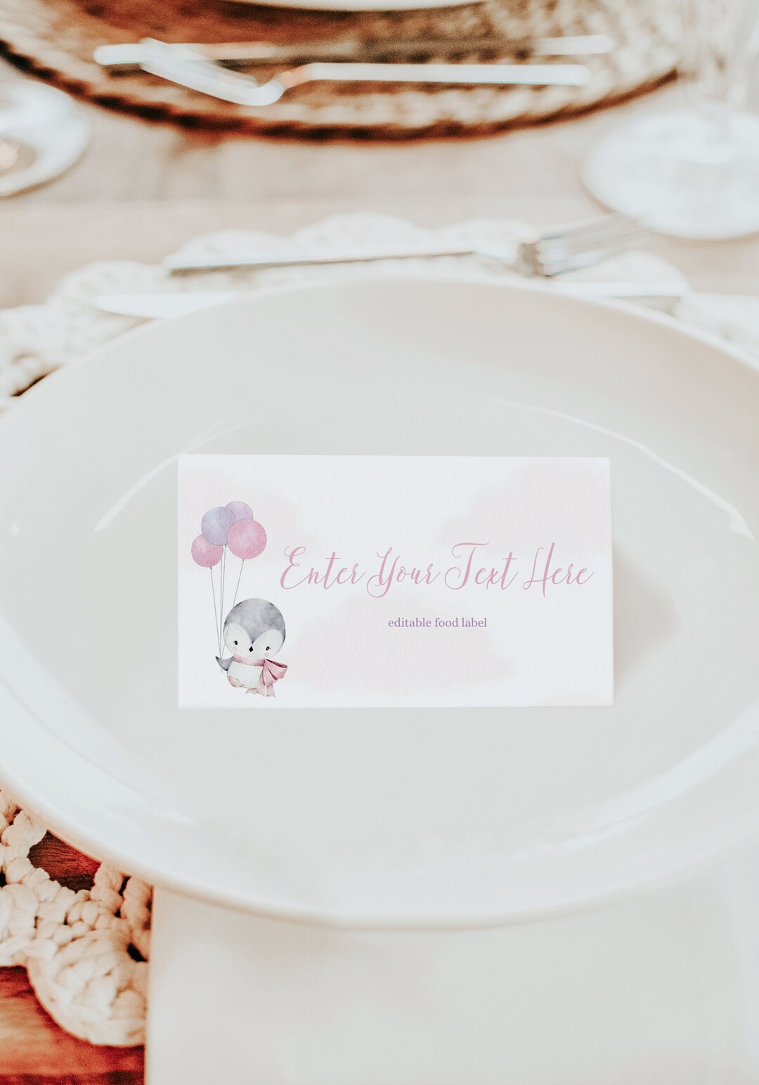 Pink Balloon Food Labels Printable, Penguin Food Label Card, Girl Baby ...