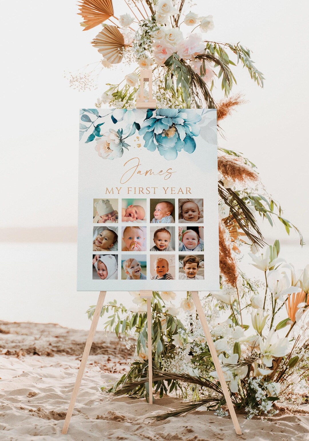 My First Year Photo Banner Printable, Blue White Floral Boy Baby's ...